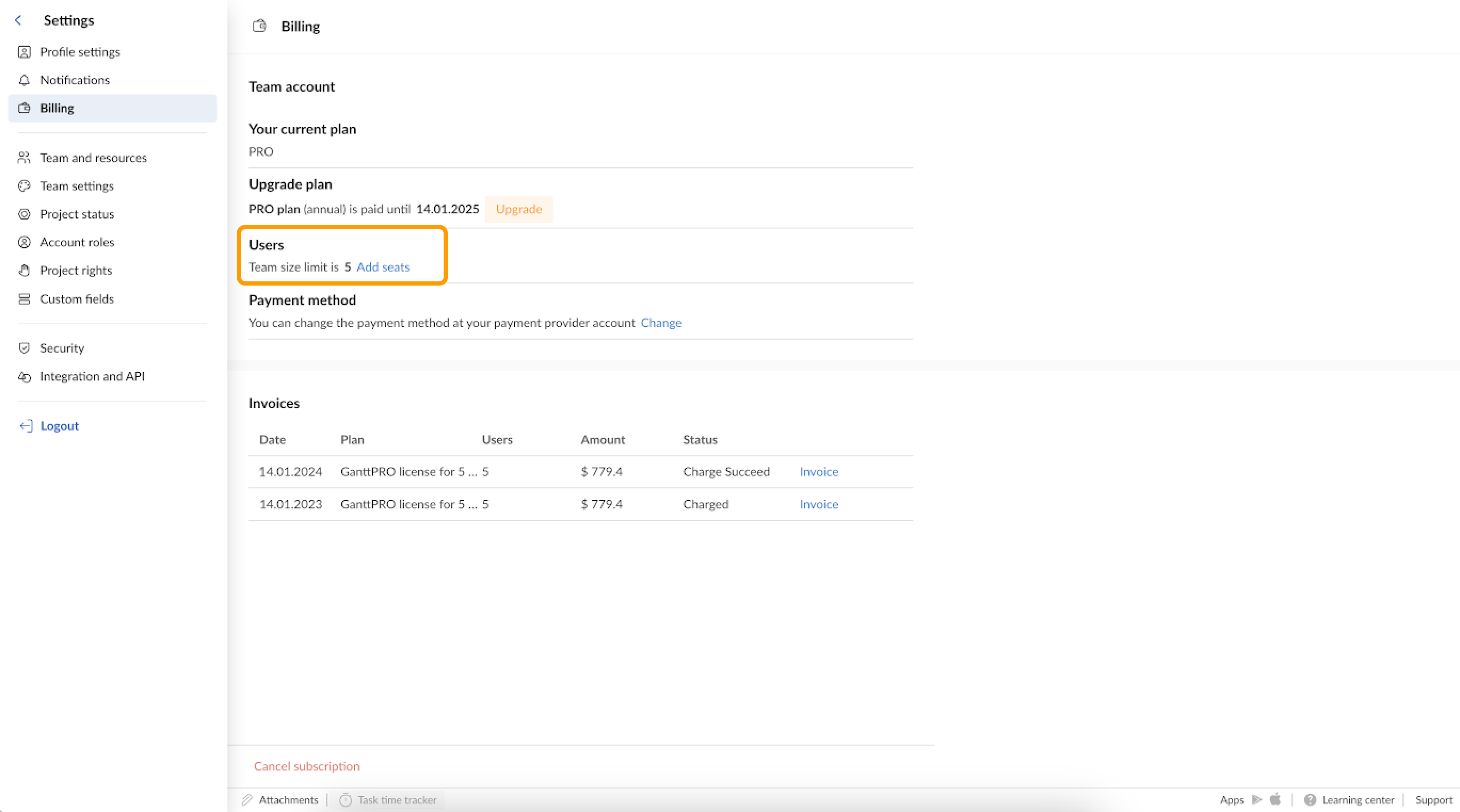 Subscription – GanttPRO Knowledge Base